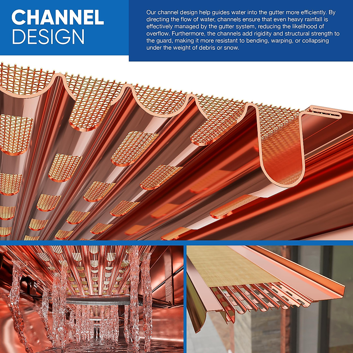 Waterlock Flat Under The Shingle Micromesh Gutter Guards in Copper for Half Round Gutter, 5 inch, 6 inch, 7 Inch Box Gutters, Commercial Gutters, Premium Quality Gutters from Manufacturer (25 Feet)