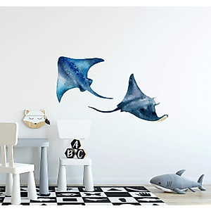Watercolor Navy Blue Stingrays Wall Decal Sea Ocean Stingray Wall Sticker Removable Fabric Vinyl for Nursery Decor by Decalbaby