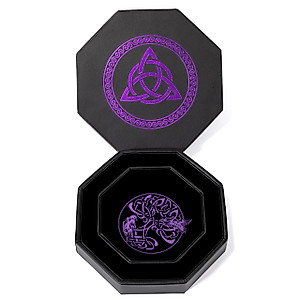 DND Dice Tray - Premium 8 Inch Tray Dungeons and Dragons - Exquisitely Detailed Purple World Tree & Triquetra Design - Perfect Rolling & Box Storage to Protect Your Dice for D&D and RPG