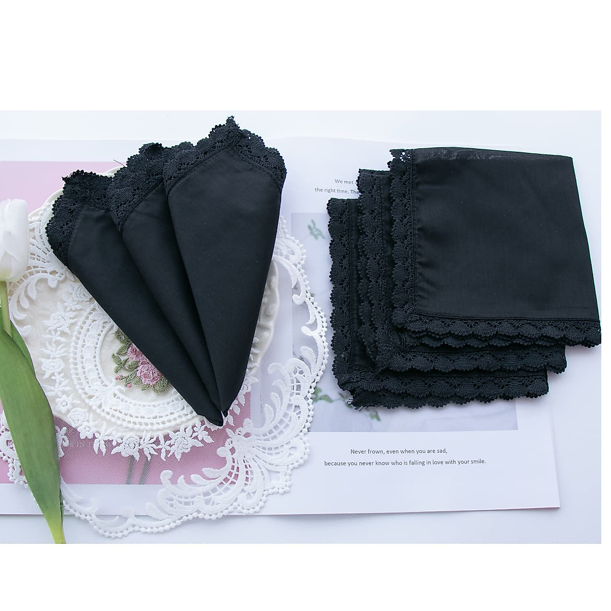 MemoryHanky Ladies Bridal Wedding Crochet Lace Handkerchiefs Black Cotton Hankies 6PCS