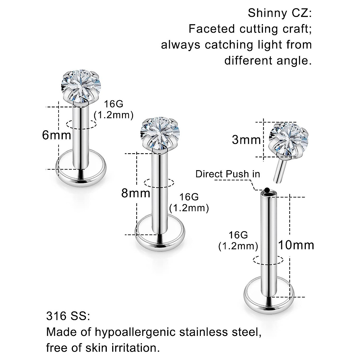 Hnxnskt 16G Threadless Nose Stud Tragus Piercing Jewelry Surgical Steel Lip Rings Push in Labret Medusa Piercing Jewelry for Women Men