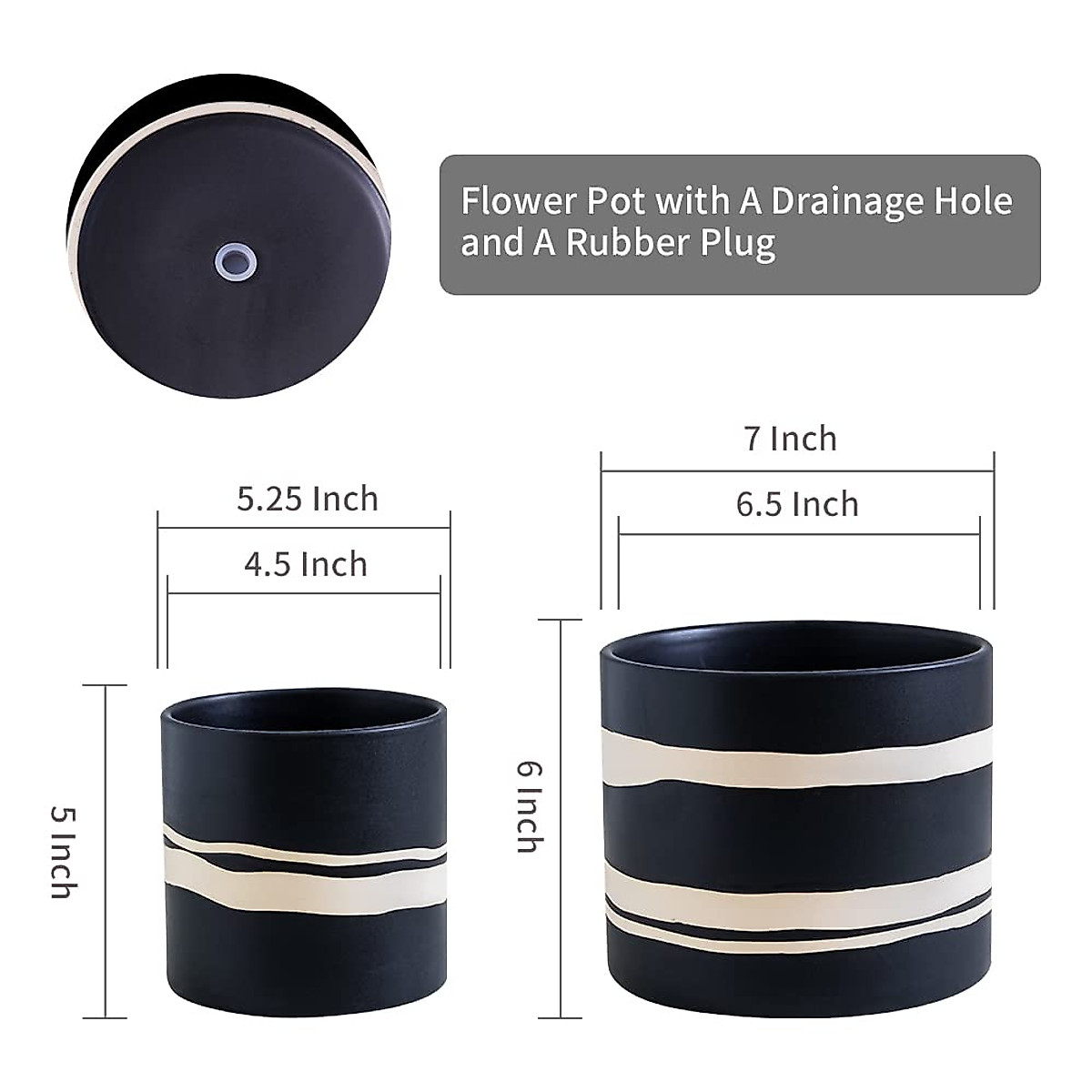 Nihow Modern Ceramic Plant Pot - 5 + 7 Inch Flower Pot for All Indoor Plants - Sturdy Planter Pots with Drainage Hole & Rubber Plugs - Semi-Matte Black & Nature - Plants Not Included