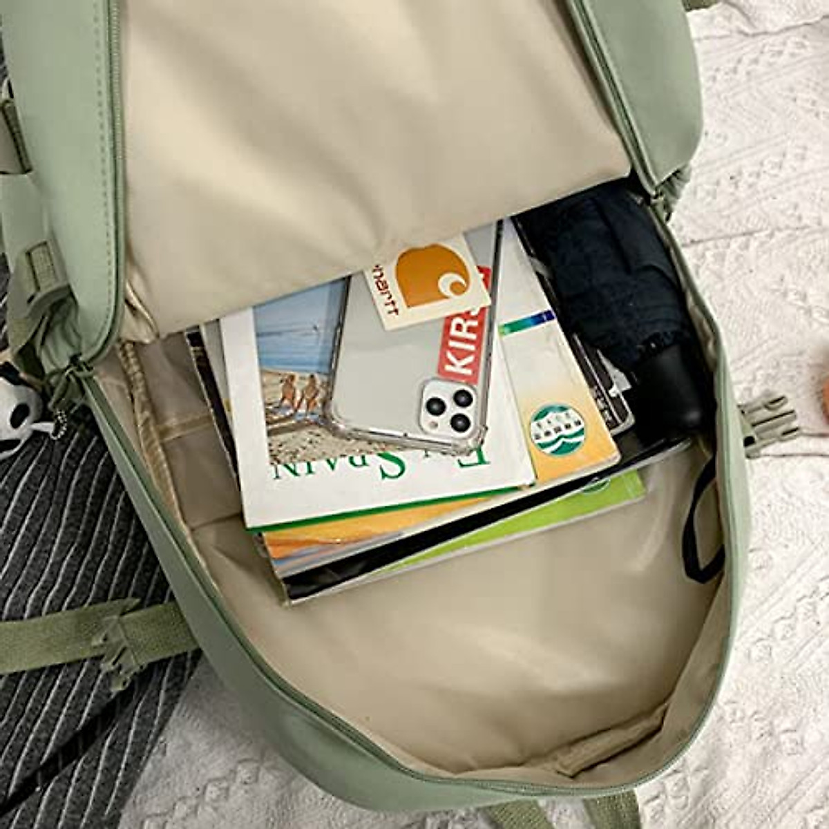 KOWVOWZ Kawaii Backpack for Teen Girls Aesthetic Student Bookbags with Cute pin bear pendant harajuku school nylon waterproof (white)