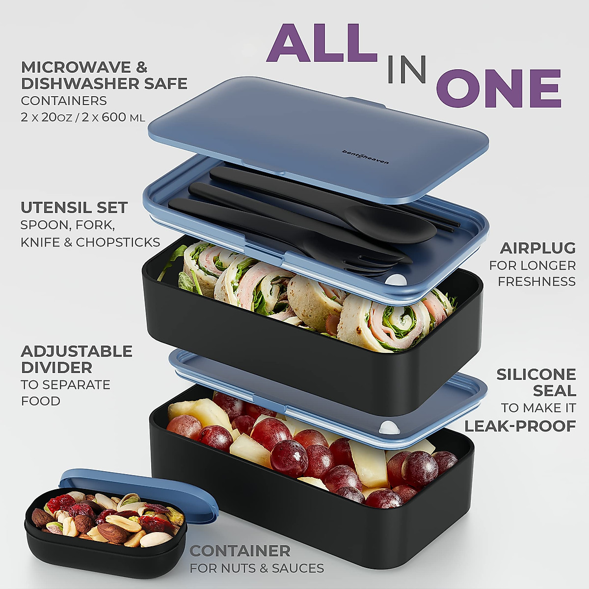 Bentoheaven Premium Bento Lunch Box with Insulated Lunch Bag - Includes Sauce Cup, Divider, Cutlery & Chopsticks - Made of Oxford Fabric