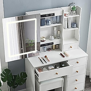 JBLCC Large Vanity Desk with Mirror and Lights, Vanity Table Makeup Vanity with Slidable Mirror 5 Drawers and Storage Shelves,Dressing Table Set 3 Lighting Color Adjustable (06LED)