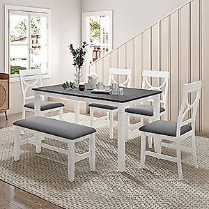 LUMISOL 6 Piece Dining Table Set Farmhouse Style Soild Wood Kitchen Dining Set with Chairs and Bench for 6 Persons, Rectangle Table with Upholstered Chair and Bench, Gray+White