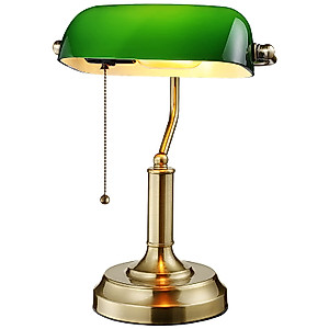 TORCHSTAR Green Glass Bankers Lamp, UL Listed, Antique Desk Lamps with Brass Base, Traditional Library Lamp with Pull Chain, E26 Base, Vintage Desk Lamp for Office, Study Room