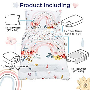 4 Pieces Toddler Bedding Set for Girls, Rainbow Toddler Comforter Set, Include Quilted Comforter, Flat Sheet, Fitted Sheet, Pillowcase, Ultra Soft and Breathable, Boho Floral, Pink