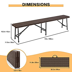Todeco 2Pcs Folding Benches, 6 Ft Portable Foldable Bench Seat for Soccer Camping Picnic Party with Carrying Handle, Suit for Indoor & Outdoor, Brown Imitated Rattan