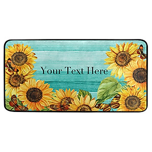 Custom Personalized Kitchen Rugs Teal Sunflowers Butterfly Doormat Floor Mats Kitchen Mat Non Slip Bath Rug Carpet for Entryway Living Room Bedroom Home Decor 39 X 20 Inch