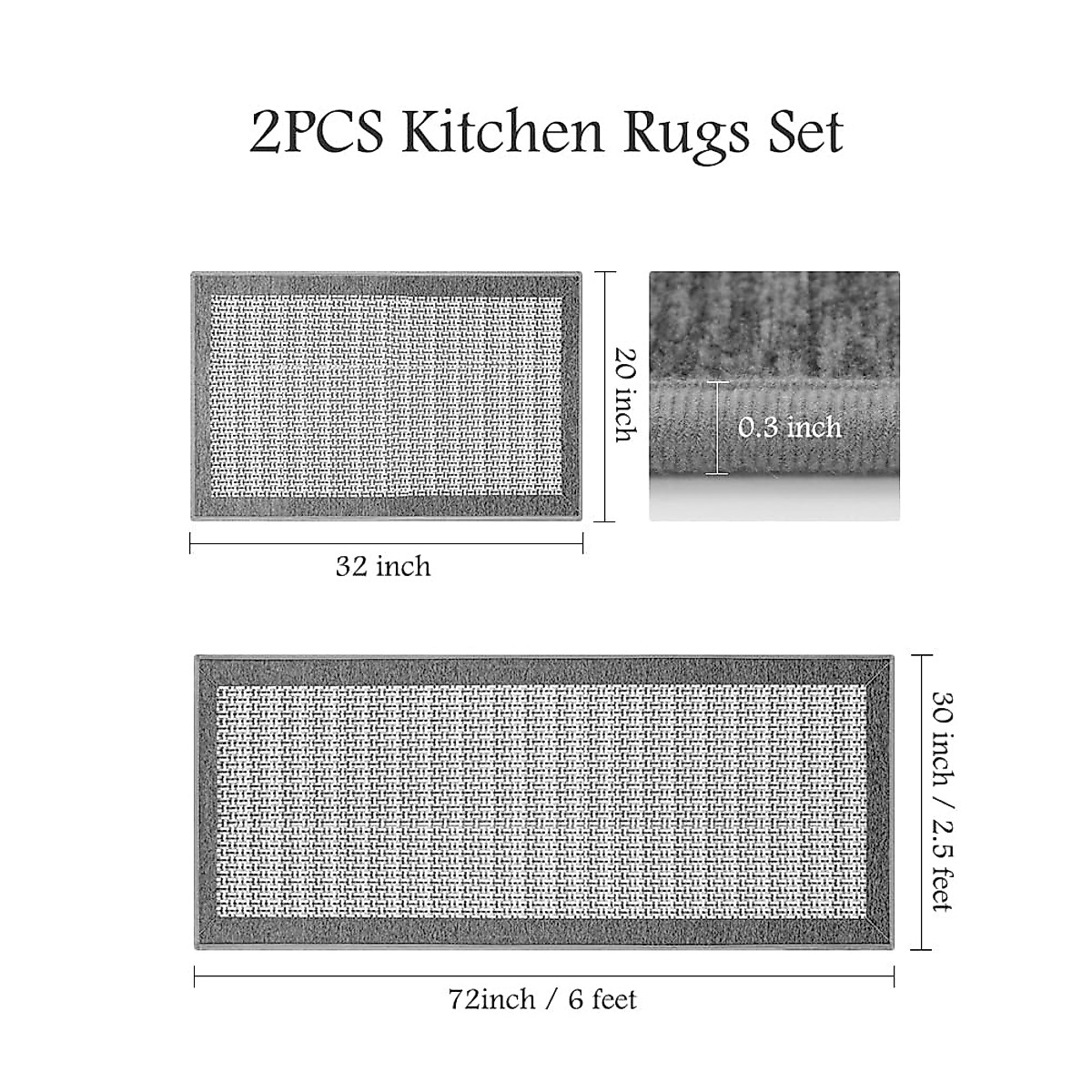 PADOOR Non Slip Kitchen Rugs Sets of 2 - Extra Large 2.5'x6' + 20"x32" Runner Rugs for Kitchen Floor Non Skid Washable, Absorbent Kitchen Mat for in Front of Sink 2 Piece Grey