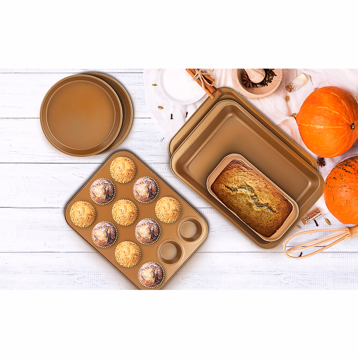 Eternal Living Copper Nonstick Bakeware Set (Cake Pans, Cupcake Tray, & Cookie Sheets, 6 Piece)
