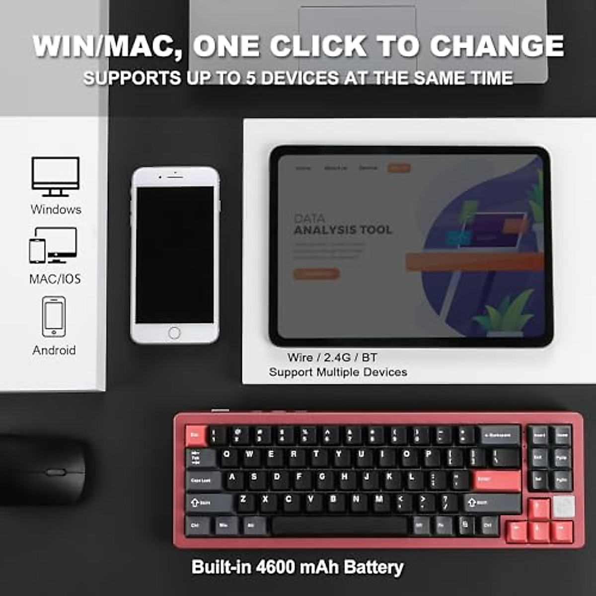 YUNZII AL71 75% Mechanical Keyboard,Full Aluminum CNC,Hot Swappable Gasket,2.4GHz Wireless BT5.0/USB-C Wired,NKRO Programmable RGB Backlight Creamy Typing for Win/Mac(Red,Crystal White Switch)