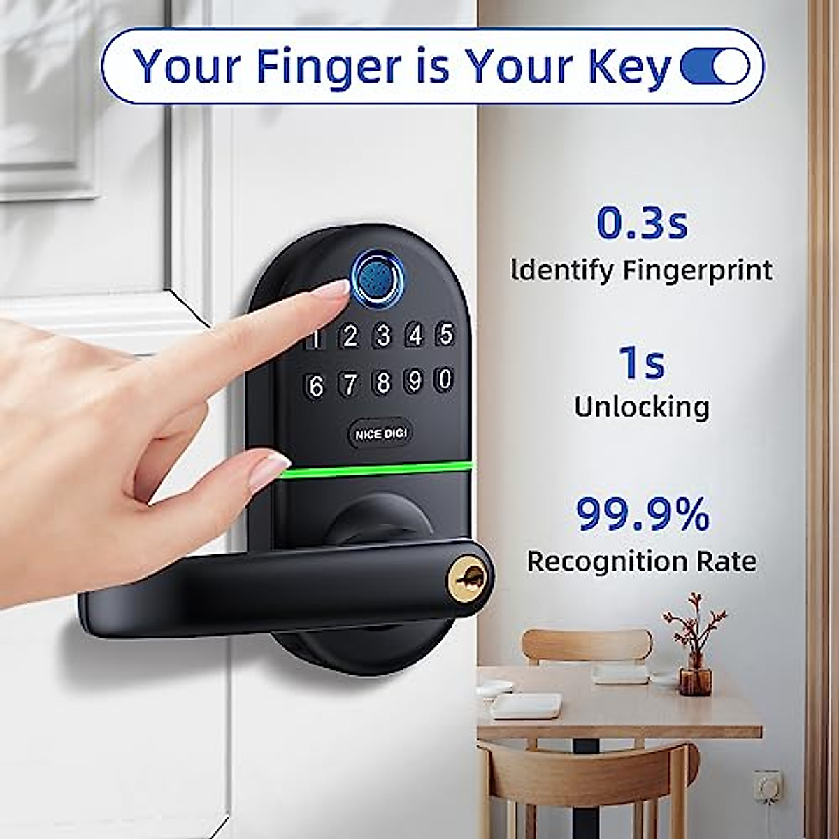 Smart Keypad Door Lock with Handle: Keyless Entry Door Lock for Front Door - Fingerprint Door Lock - Electronic Digital Door Lock - Code Door Lock for Home, Apartment, Office - Easy Installation