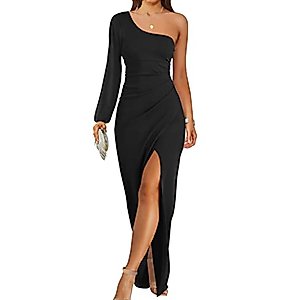 ZESICA Women's 2023 One Shoulder Long Sleeve Cocktail Dress Sexy High Slit Ruched Bodycon Wedding Guest Maxi Dresses,Black,Large