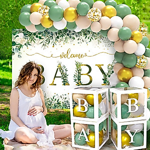 Sage Green Baby Shower Decoration, Neutral Baby Shower Party Supplies with Backdrop Balloon Garland Box Tablecloth for Gender Reveal Woodland Safari Party Decor