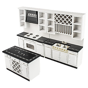1:12 Scale Mini House Wooden Furniture Miniature Kitchen Cabinet Mini Bar Counter Furniture Set (White and Black)