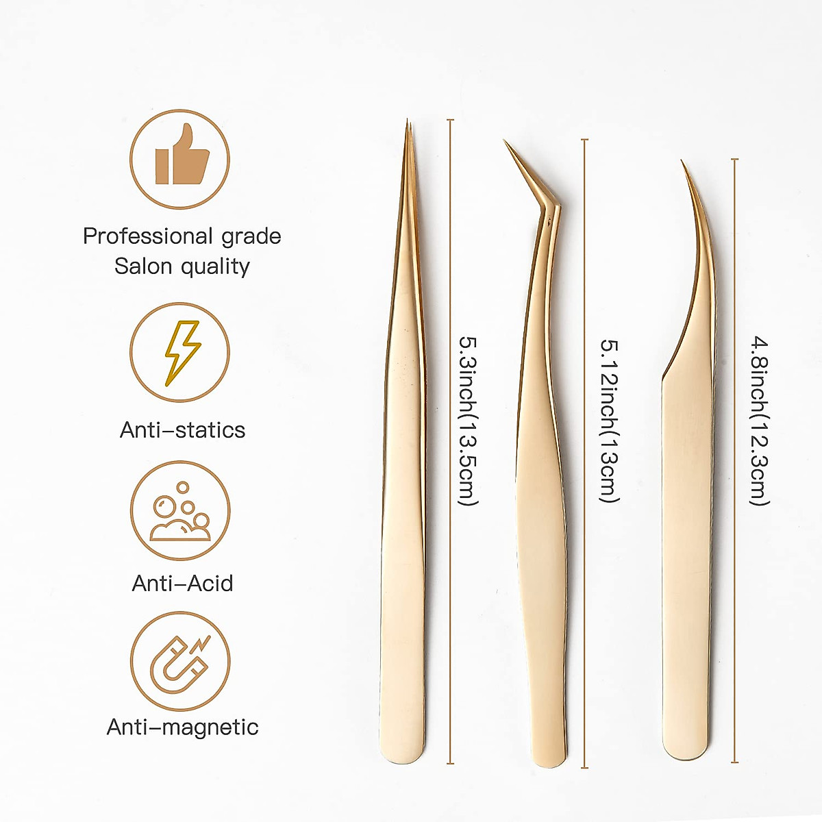 Eyelash Extension Tweezers, 3-Pack,Professional Stainless Steel Tweezers for Volume Lashes, Straight and Curved Tips for 3D-6D,Golden