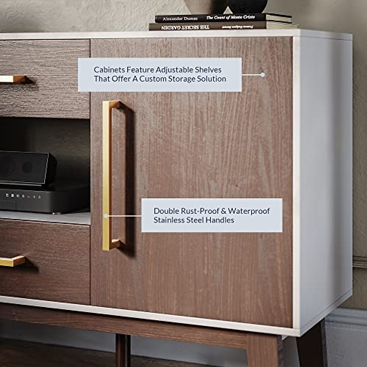 BELLEZE Mid-Century Modern Side Table with Two Drawers and Enclosed Cabinets, Sideboard Buffet Table for Kitchen, Living Room, or Hallway - Tristan (Dark Walnut)