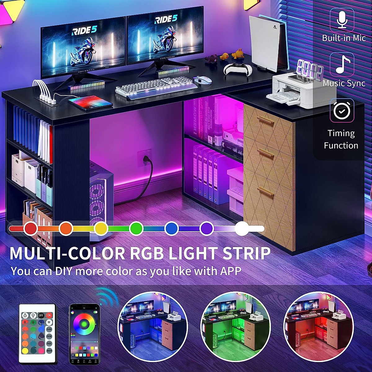 YITAHOME L Shaped Desk with Drawers, 59" Corner Computer Desk with Power Outlets & LED Lights, 360 Rotating Corner Desk Office Desk with Bookshelf, Wood Desk, Black