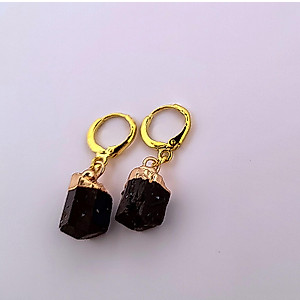 Natural Black Tourmaline Gold Dangle Earrings NBTGDE2