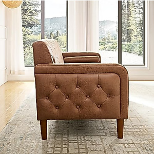 Lunanniu 78 Inch Vegan Leather Sofa Faux Leather Couches Loveseat Button Tufted Back Mid Century Modern 2 Bolster Pillows Solid Wood Frame and Legs 2 Seat Love Seat for Living Room Brown