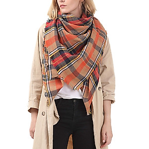 Trendy Women's Cozy Warm Winter Fall Blanket Scarf Stylish Soft Chunky Checked Giant Scarves Shawl Cape Orange