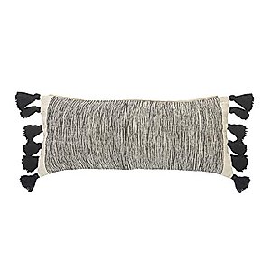 LR Home Distressed Fringe Pillow, 28"x12", Gray/Black/Ivory