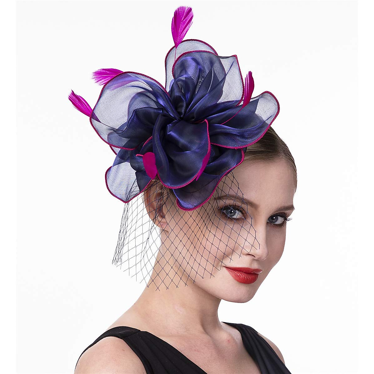 Fascinators Hat for Women Tea Party Headband Girls Flapper Headpiece Kentucky Church Derby Wedding (FM02-Navy and Rose)