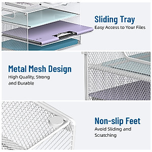 DALTACK 3 Tier Letter Tray Paper Organizer with Handle, Mesh Desk File Organizer, Paper Tray Desk Organizer for School Office Home, Metal Mesh, White