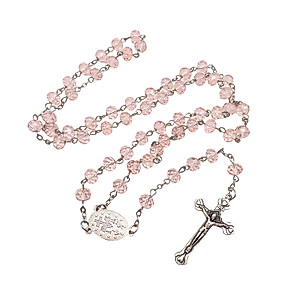 Nazareth Store Pink Pearl Beads Rosary Handmade Prayer Beaded Necklace with Miraculous Medal and Silver Cross