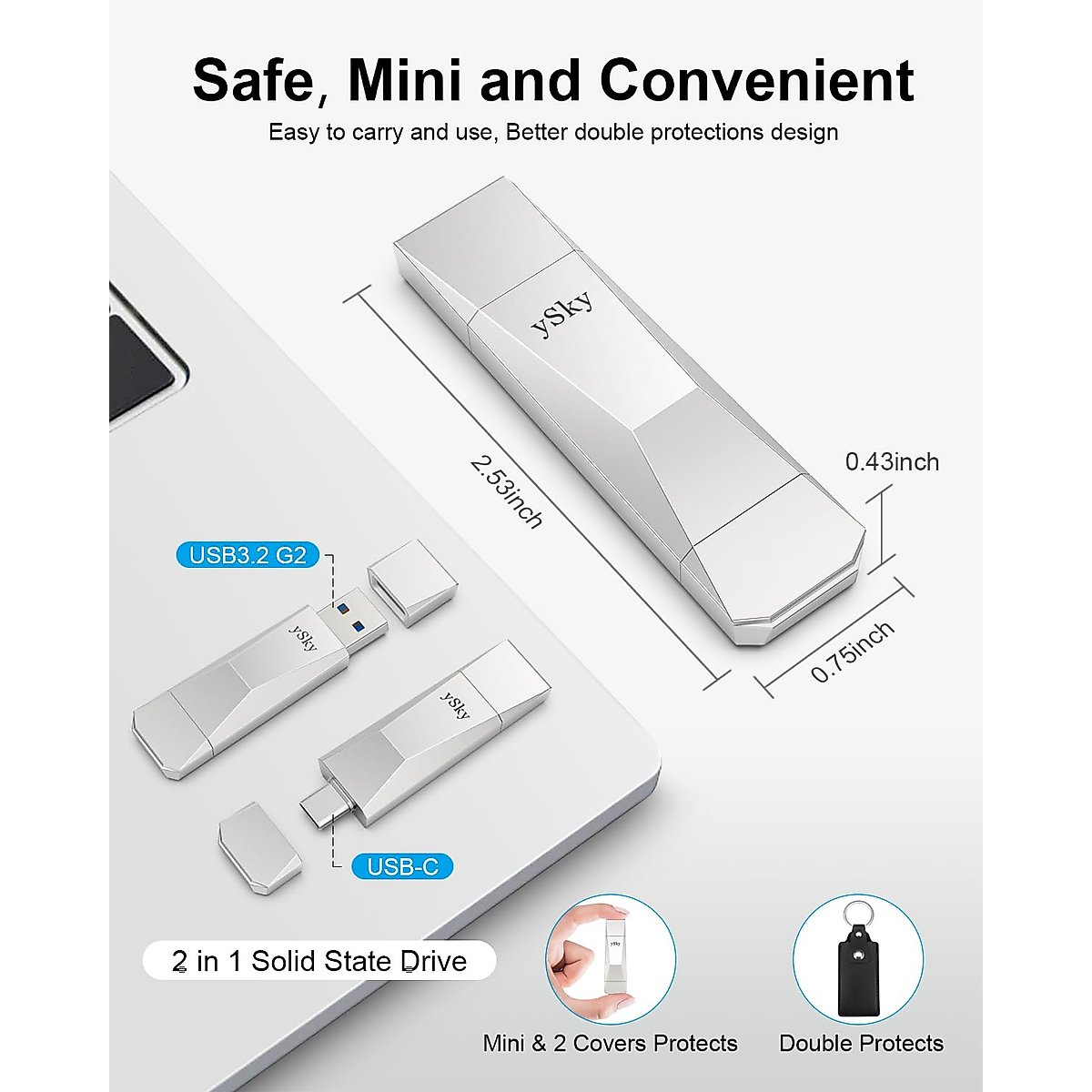 ySky 1TB USB 3.2 SSD Solid State Flash Drive,500MB/s High Speed USB C+ USB A 3.2 Gen2 USB Thumb Drive,2in1 USB C Drive Stick for USB-C iPad/Android Phone,Laptop,Mac,Tablet with Keychain Leather case