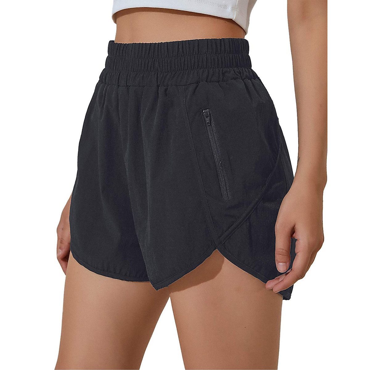 BMJL Women's Running Shorts Elastic High Waisted Shorts Pocket Sporty Workout Shorts Quick Dry Athletic Shorts Pants(M,Black)