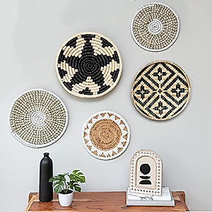 Crutello Wall Baskets, Bamboo Basket Wall Decor Set, Wicker Hanging Woven Tray Basket Set of 5, Seagrass Flat Baskets, Boho Rattan Wall Decor for Home Living Room - Sol