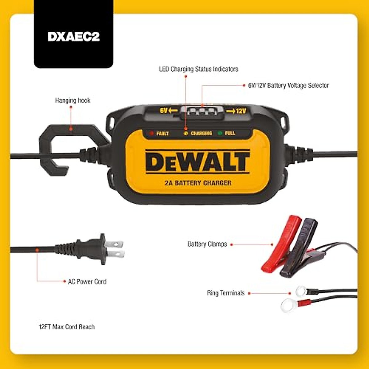 DEWALT DXAEC2 DXAEC2 Professional 2-Amp Automotive Battery Charger and Maintainer
