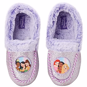 Disney Girls' Princesses Slippers – Fuzzy Slipper Moccasins – Non-Skid Slippers (Little/Big Girl), Size 2-3, Lavender Princess