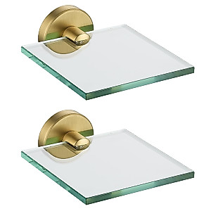 JQK Small Floating Glass Shelves Gold, 4 Inch Display Ledges for Wall, Mini Decor, Living Room Bedroom Bathroom, Tempered Glass Shower Storage, 2 Pack, TGS101L4-BG-P2