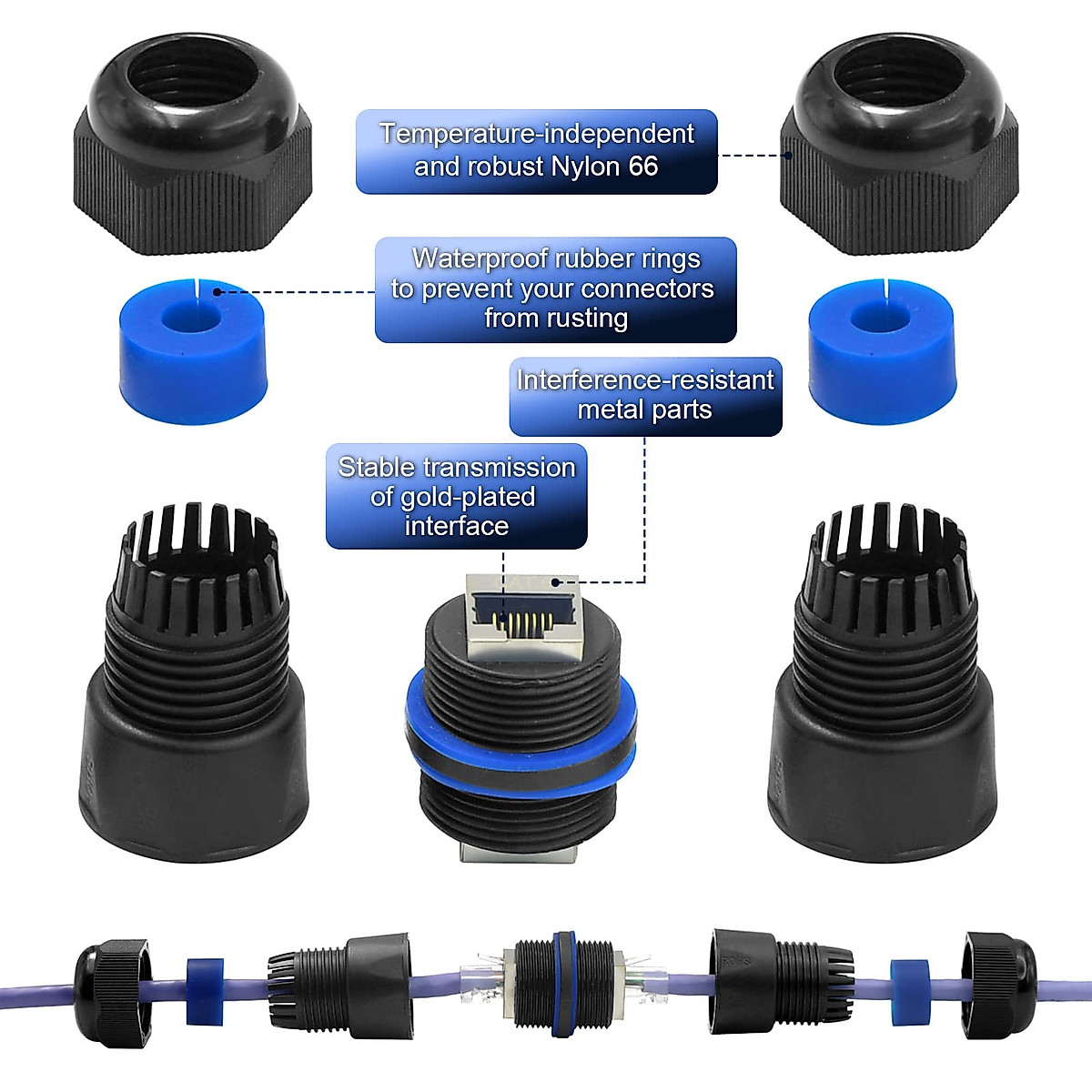 VCELINK Waterproof RJ45 Coupler Short Profile, Cat6/Cat5E/Cat5 Waterproof Ethernet Connector Shielded IP67, Outdoor Network LAN Cable Extender PoE 6-Pack