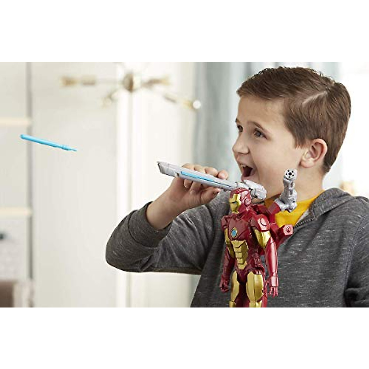 Avengers Marvel Titan Hero Series Blast Gear Iron Man Action Figure, 12-Inch Toy, with Launcher, 2 Accessories and Projectile, Ages 4 and Up, Red