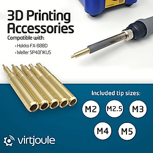 Virtjoule Heat Set Insert Tips for Sizes M2, M2.5, M3, M4, and M5 - Soldering Iron Tips for 3D Printer Users, 3D Printing Accessories Compatible with Hakko FX-888D and Weller SP40NKUS Soldering Irons
