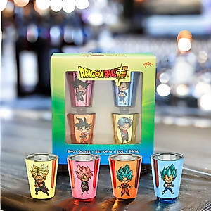 JUST FUNKY Dragon Ball Super Mini Glass Set | 2 Oz Shot Glasses Set of 4 | Featuring Trunks, Goku Black, Goku, and Vegeta Including their Super forms | Officially Licensed