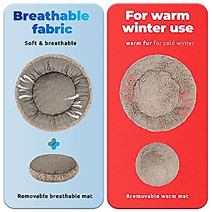 HACHIKITTY Dog Donut Bed Calming Bed Donut Round, Fluffy Dog Bed Medium Large Dogs, Cooling Warming Soft Dog Cushion Bed, Double Sided Available Donut Bed with Warm & Cool Sides(X-Large, Taupe)