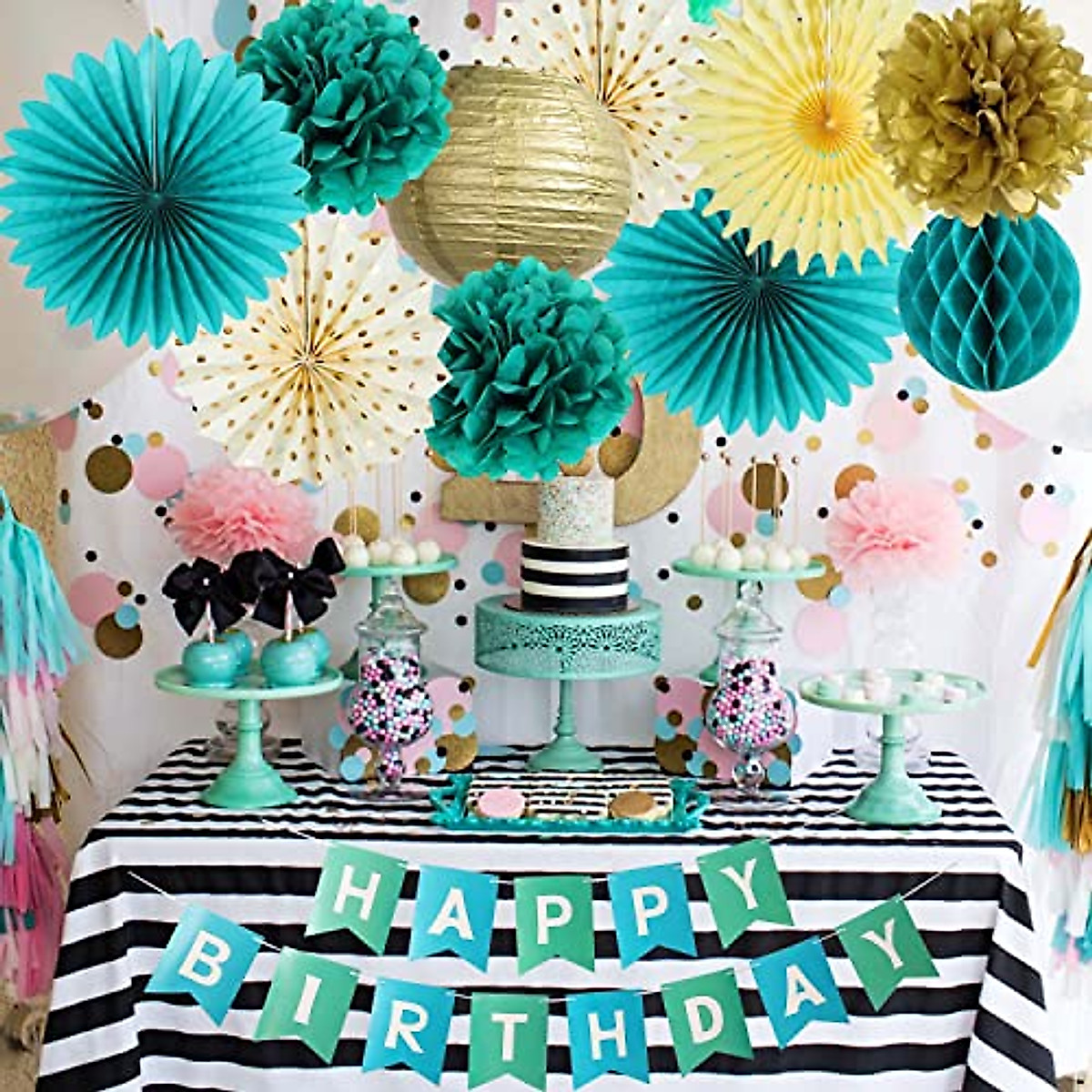 Teal Gold Birthday Party Decorations Teal Paper Fans Teal Gold Happy Birthday Banner Paper Pom Poms Flowers Baby Boy Birthday Baby Shower Women Birthday Turquoise Party Decorations
