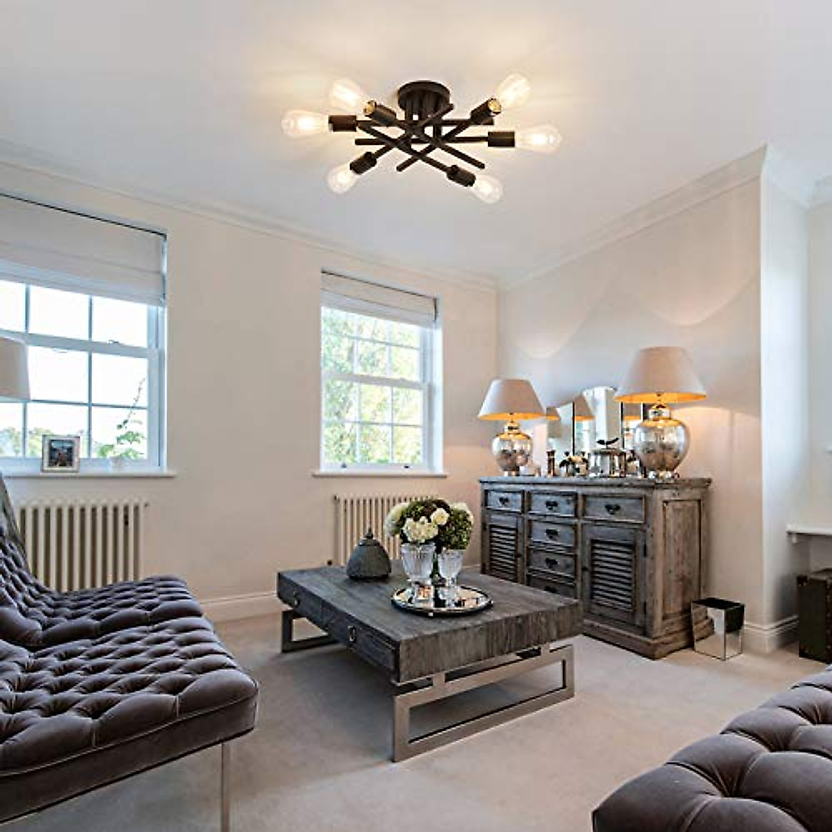 ASGYISA Semi Flush Mount Modern Ceiling Light Fixture， 6 Lights Black Vintage Matte Sputnik Chandelier Ceiling Lamp with E26 Bulb Base for Farmhouse Dining Room Living Room Bedroom Study Kitchen