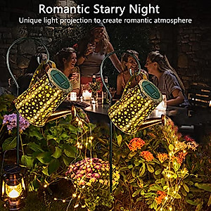 Solar Watering Can with Lights, Outdoor Decorative Garden Light Solar Fairy Lights, Waterproof Metal Retro Star Shower Art Hanging Waterfall Lights for Patio Lawn Yard (with Shepherd Hook)