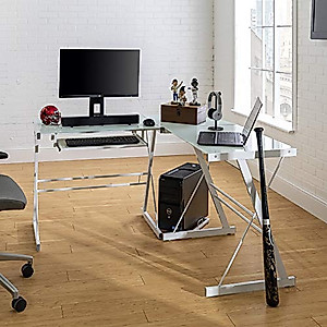 Walker Edison Ellis Modern Glass Top L Shaped Corner Gaming Desk with Computer Keyboard Tray, 51 Inch, White