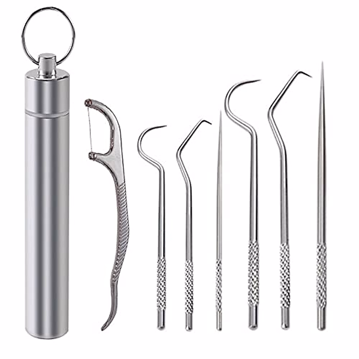 bonmall Dental Teeth Pick Stainless Steel Toothpick Set Reusable Tooth Stains Remover Dental Tool Teeth Cleaning Tools with Holder for Outdoor Picnic, Camping, Travel (7PCS/Set)