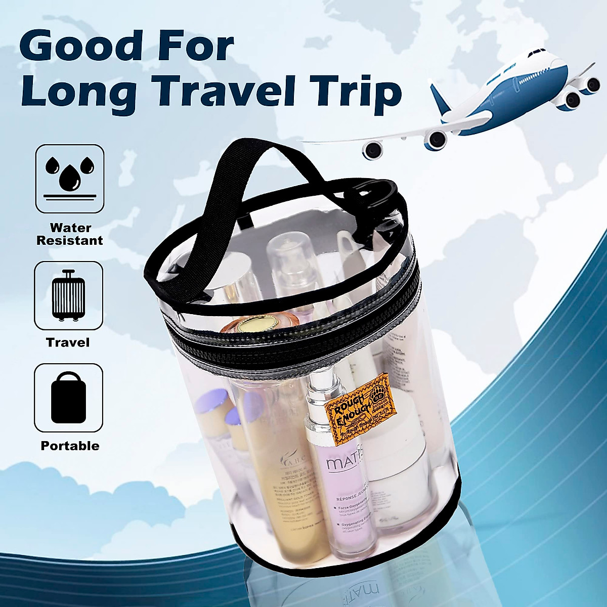 Rough Enough Clear Makeup Toiletry Bag for Traveling Large Cosmetic Pouch Case Organizer Travel Essentials Accessories Storage for Women with Zipper Handle Vacation