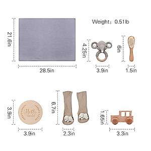 OESSUF New Born Baby Gift Basket, Baby Boys Girls Shower Gifts with Wooden Elephant Rattles, 6PCs Newborn Essentials Bath Set with Baby Brush,Blanket,Milestones Cards