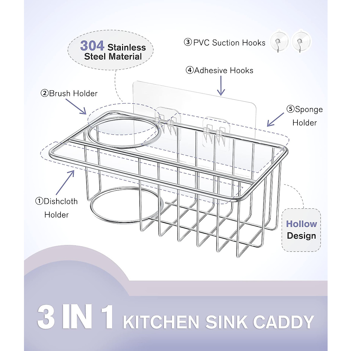 3 in 1 Sink Caddy Sponge Holder, VIS'V 304 Stainless Steel Adhesive Kitchen Sink Basket Sponge Holder Brush Holder Dishcloth Hanger Kitchen Sink Accessories Organizer Rack with 2 Suction Cups - Silver